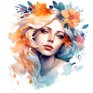 Watercolor Young Woman Clipart, 10 Flower Faces Clipart Bundle ...