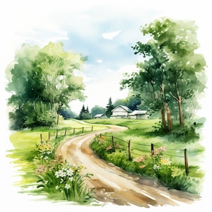 Country Lanes Clipart, Set-2, 10 High Quality Jpgs Watercolor Art ...