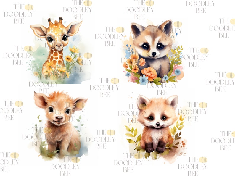 20 Cute Baby Animal Watercolor Clipart PNG Bundle, Commercial Use ...