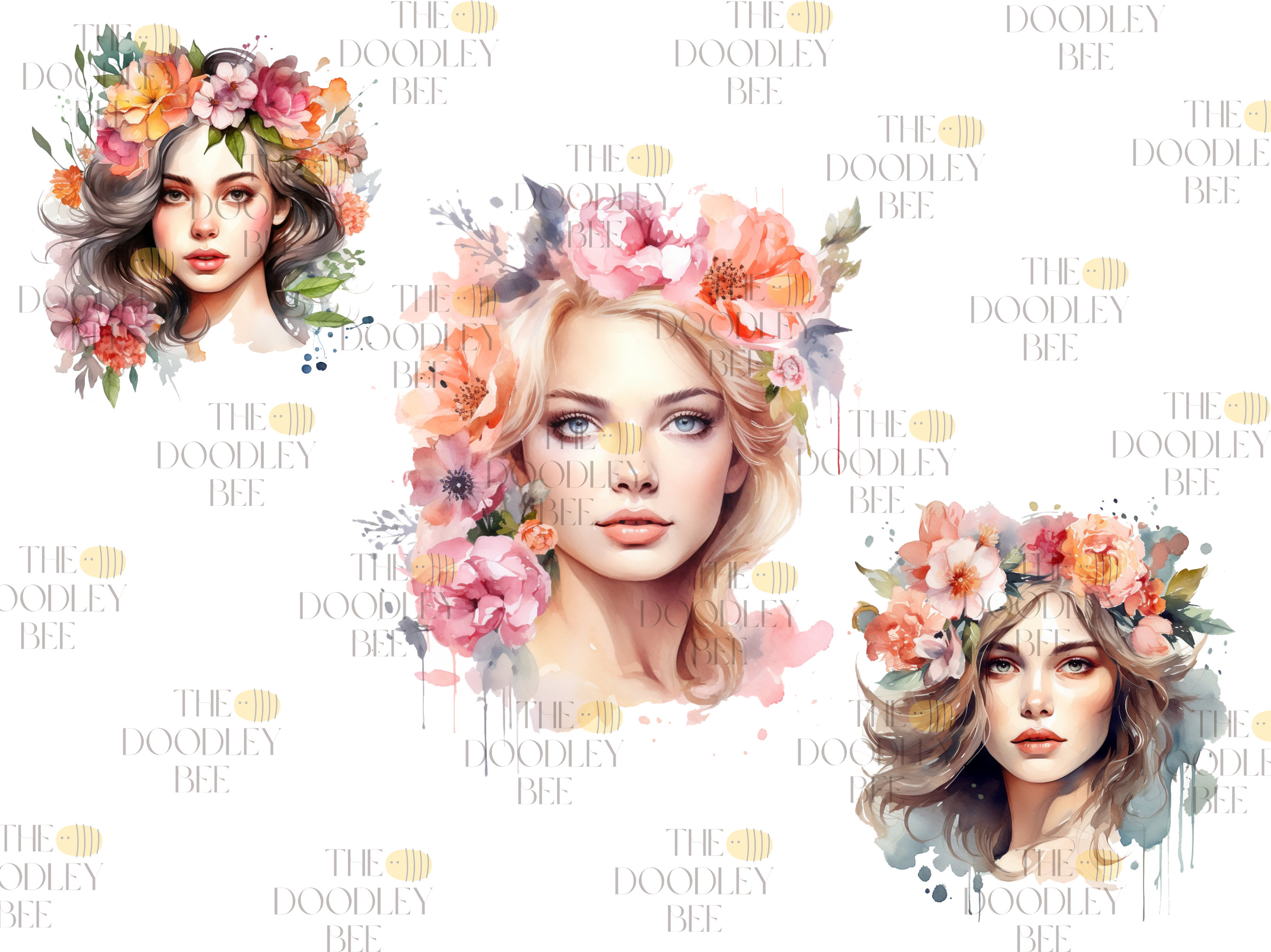 Watercolor Young Woman Clipart, Flower Faces Clipart Bundle, Beautiful ...