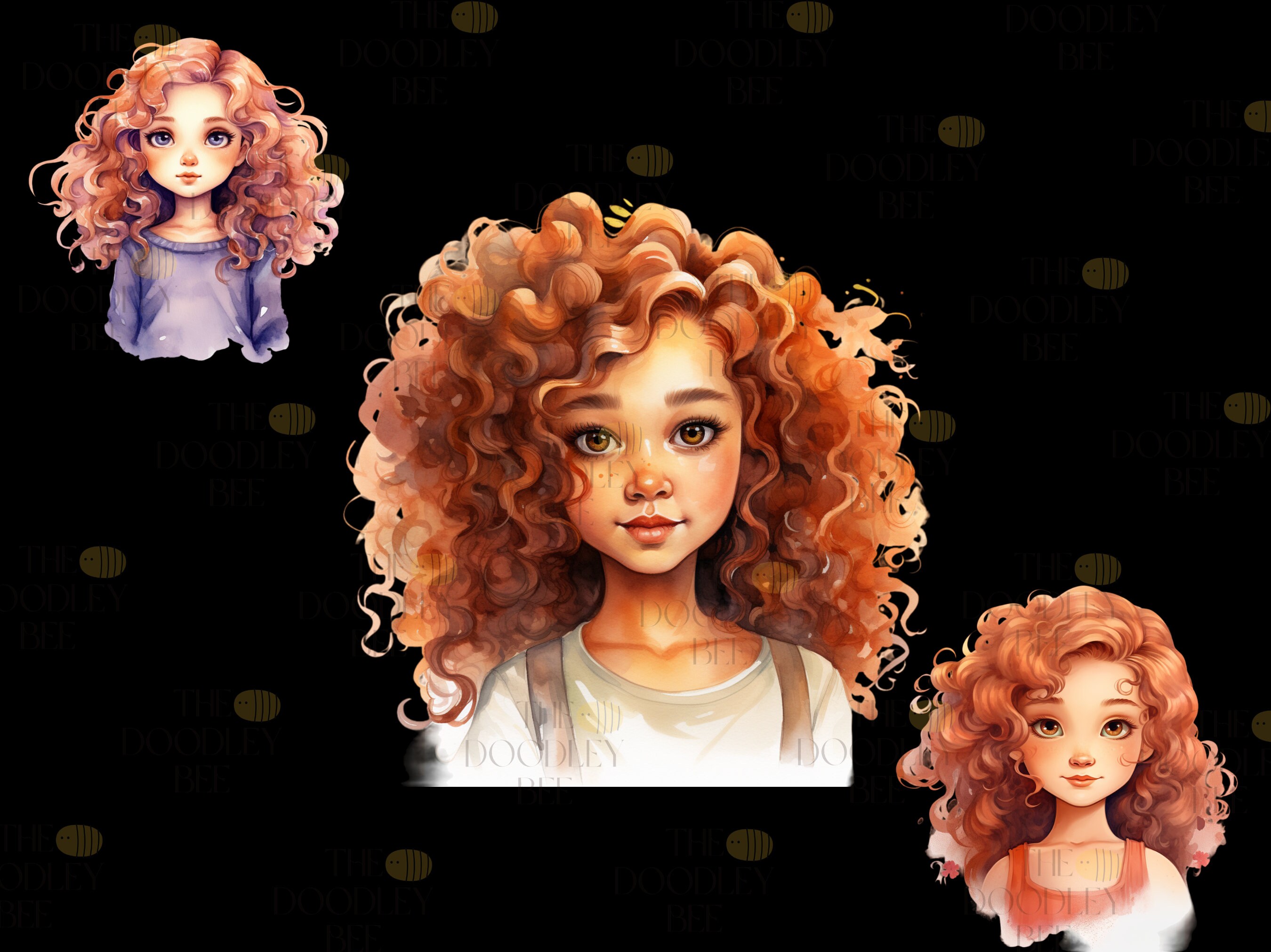 Curly Hair Girl Watercolor Clipart Bundle, Transparent PNG, Digital ...