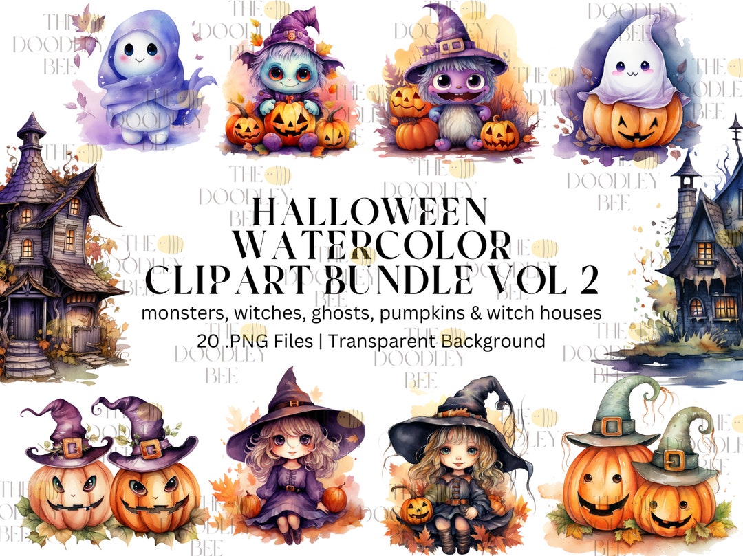 Halloween Watercolor Clipart PNG Bundle, Commercial Use, Digital ...