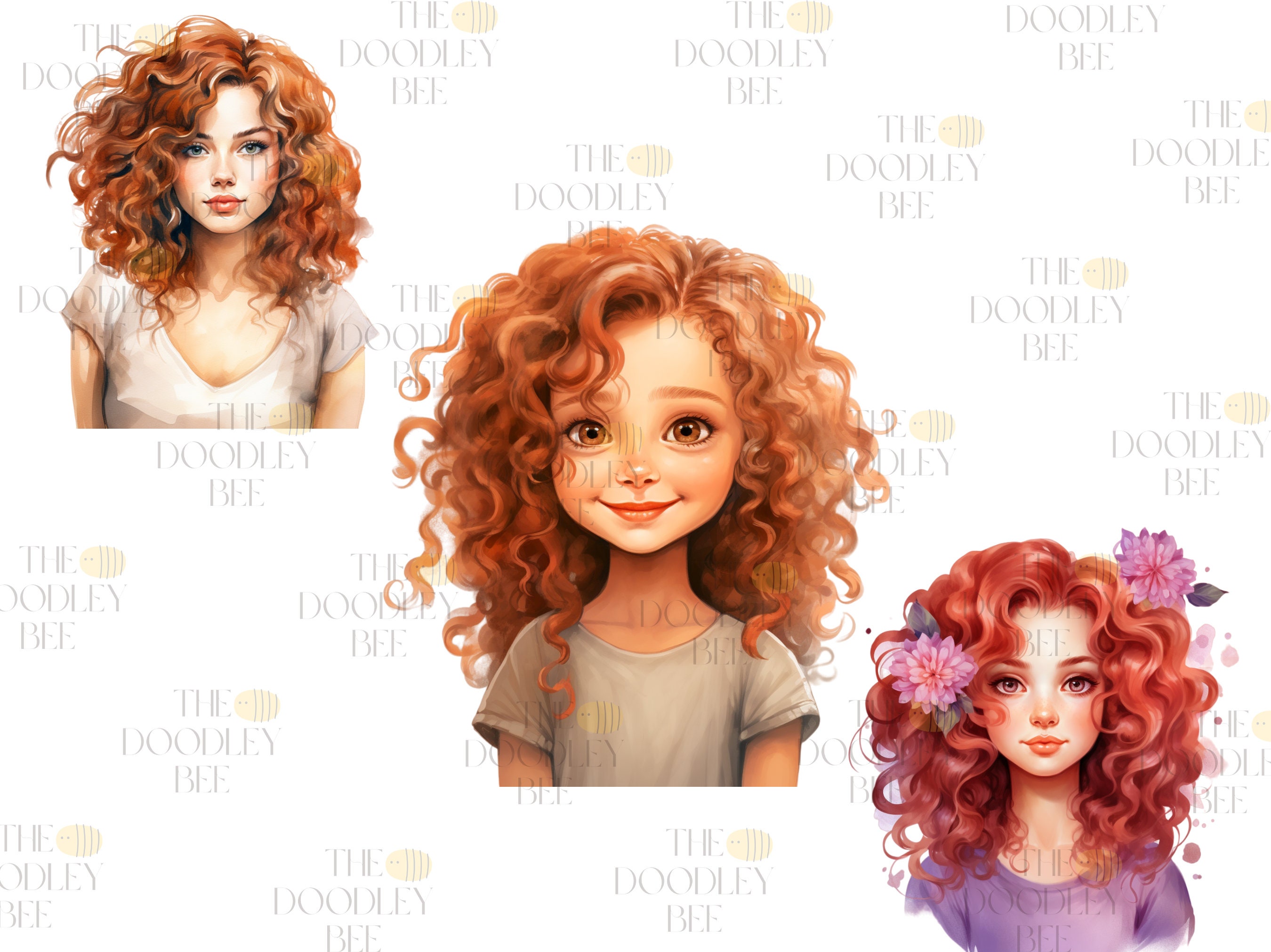 Curly Hair Girl Watercolor Clipart Bundle, Transparent PNG, Digital ...