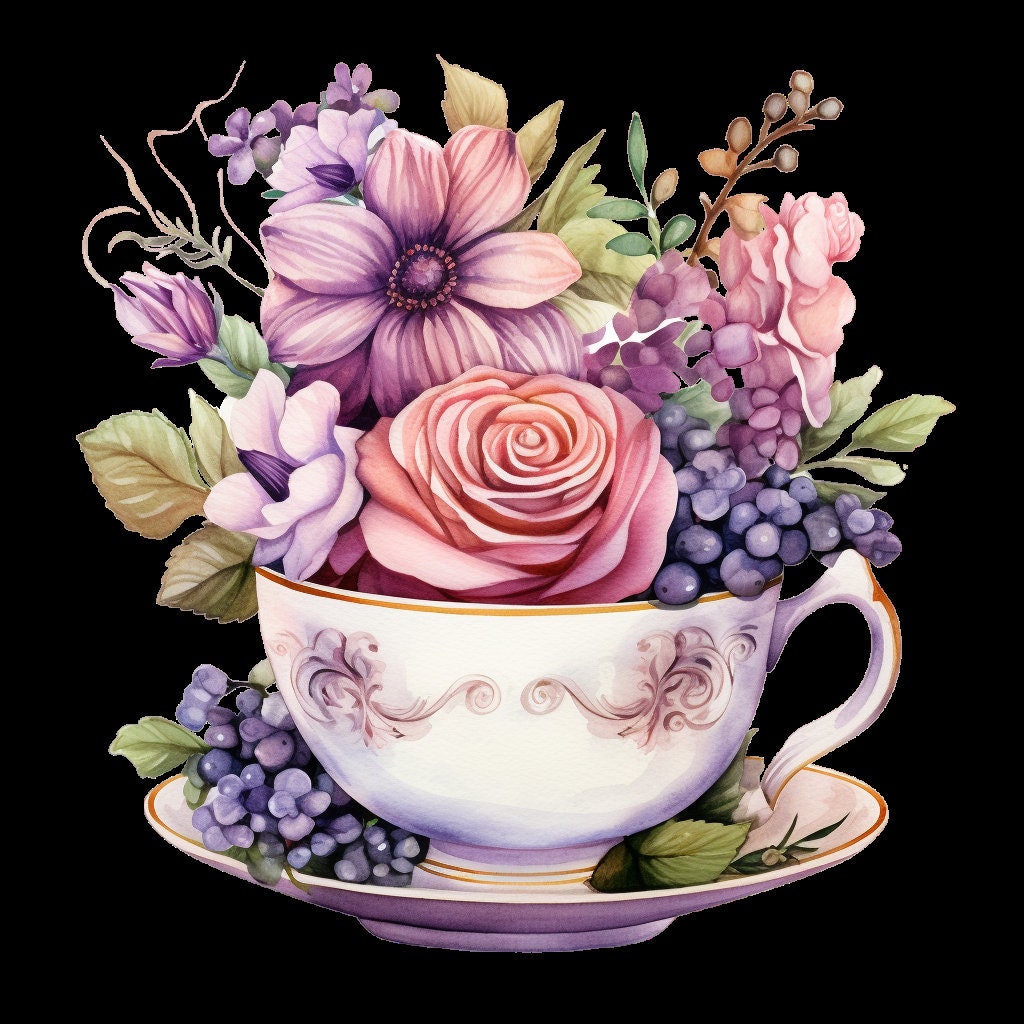 Watercolor Tea Cup Clipart, 10 Tea Party Clipart Bundle Cute Japanese ...