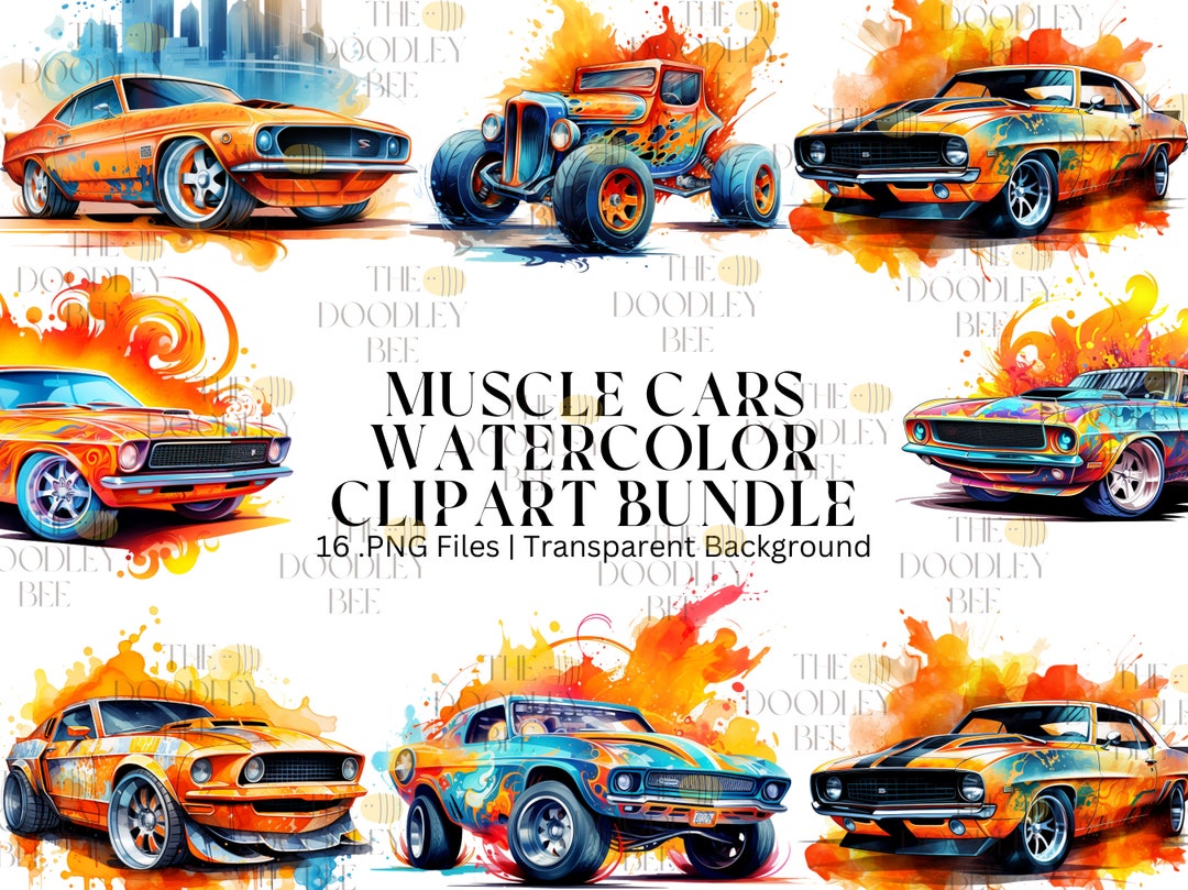 16 American Muscle Cars Watercolor Clipart PNG Bundle, Commercial Use ...