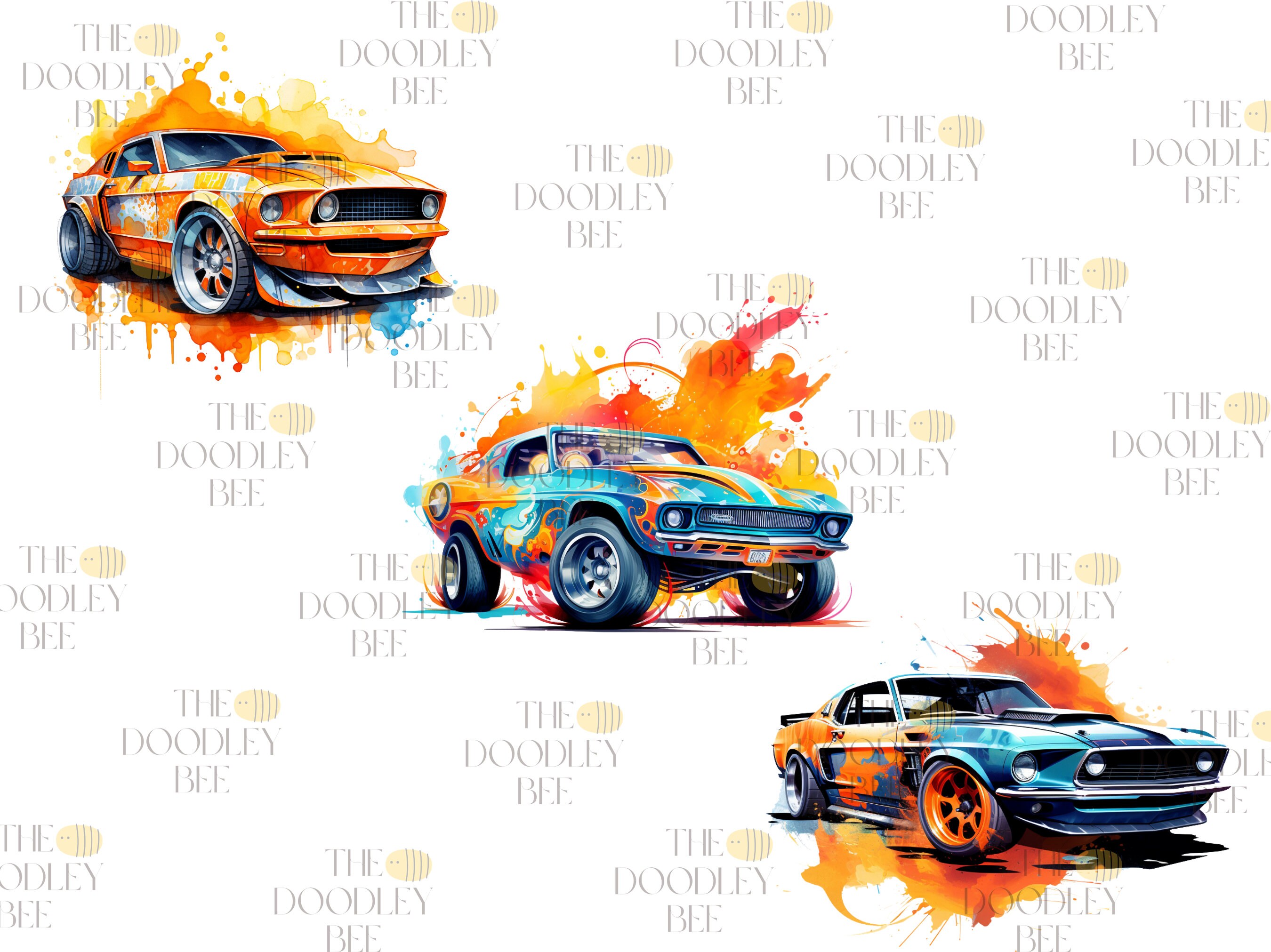 16 American Muscle Cars Watercolor Clipart PNG Bundle, Commercial Use ...