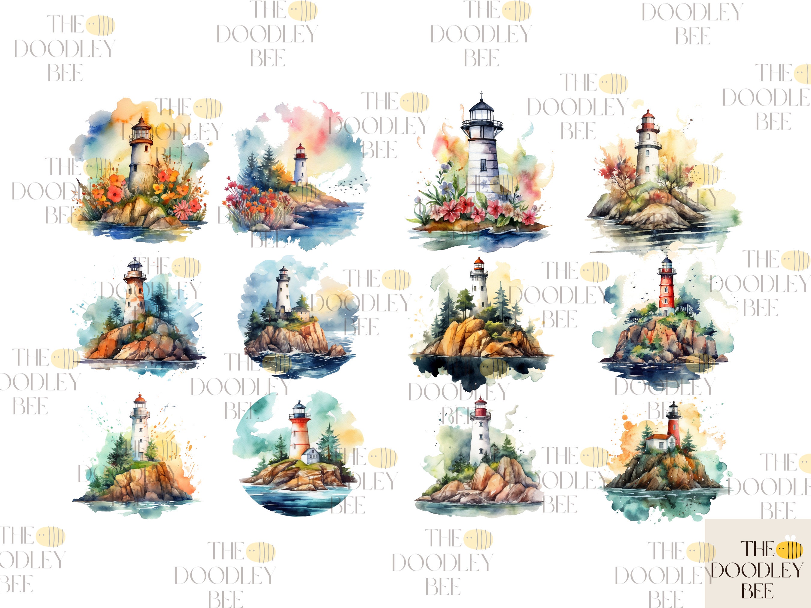 Watercolor Lighthouse Clipart, Clipart Bundle, Commercial Use, Digital ...