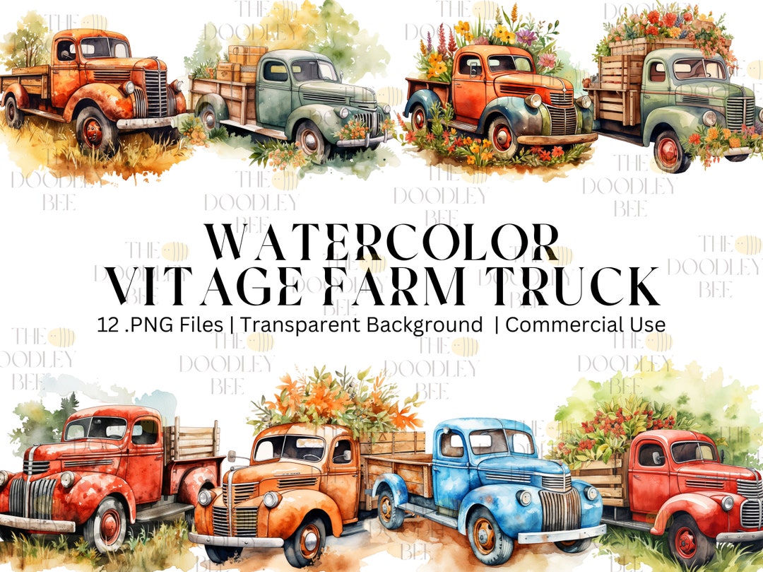 Watercolor Vintage Farm Truck 12 Clipart PNG Bundle, Commercial Use ...
