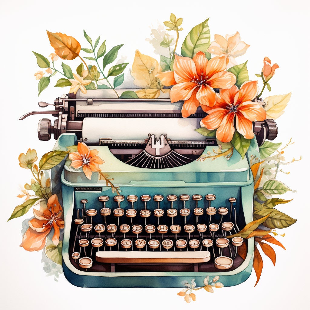 Floral Typewriter Clipart, 12 High Quality PNG, Watercolor, Instant ...