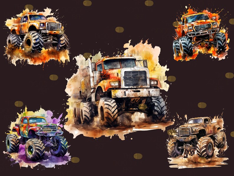 2o Monster Truck Watercolor Clipart Bundle for Commercial Use Instant ...