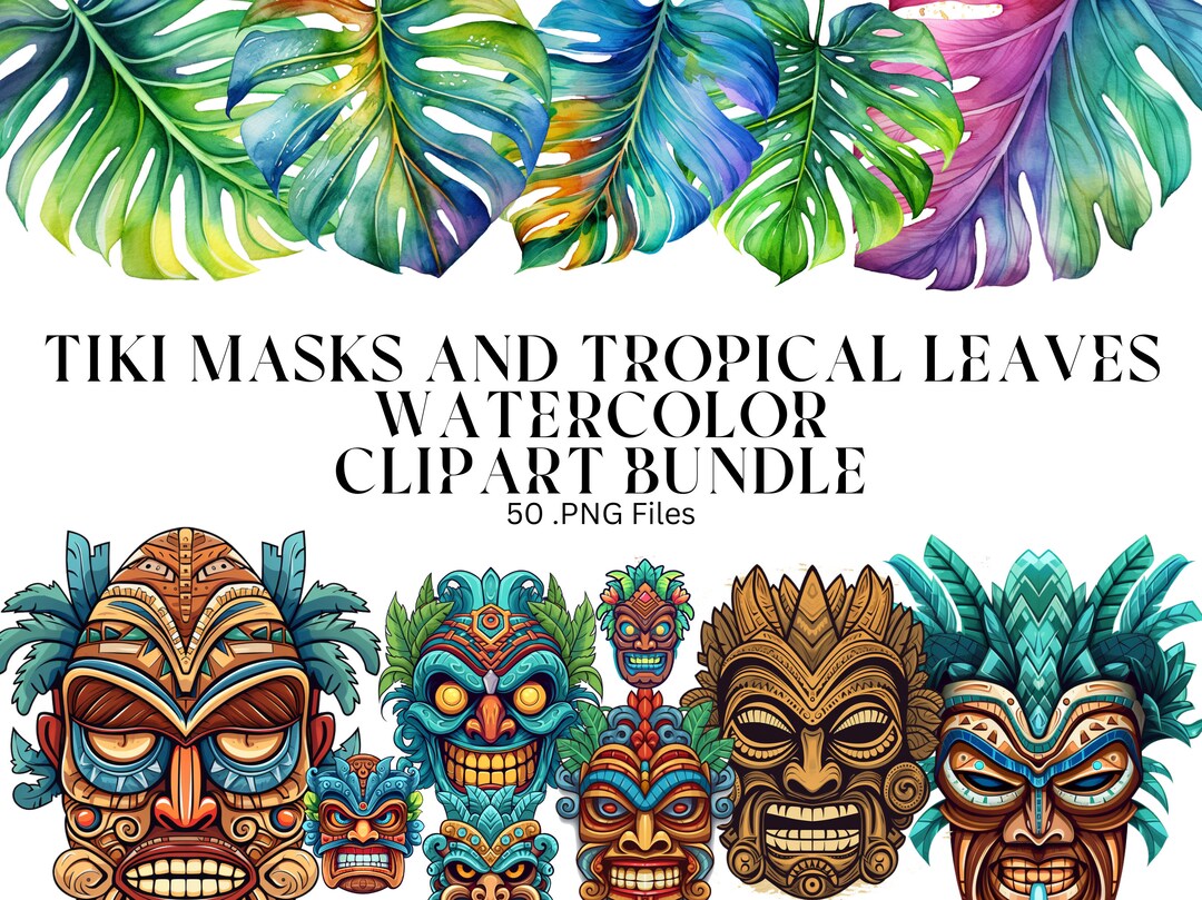 50 Tiki Masks and Tropical Leaves Watercolor Clipart PNG Bundle ...