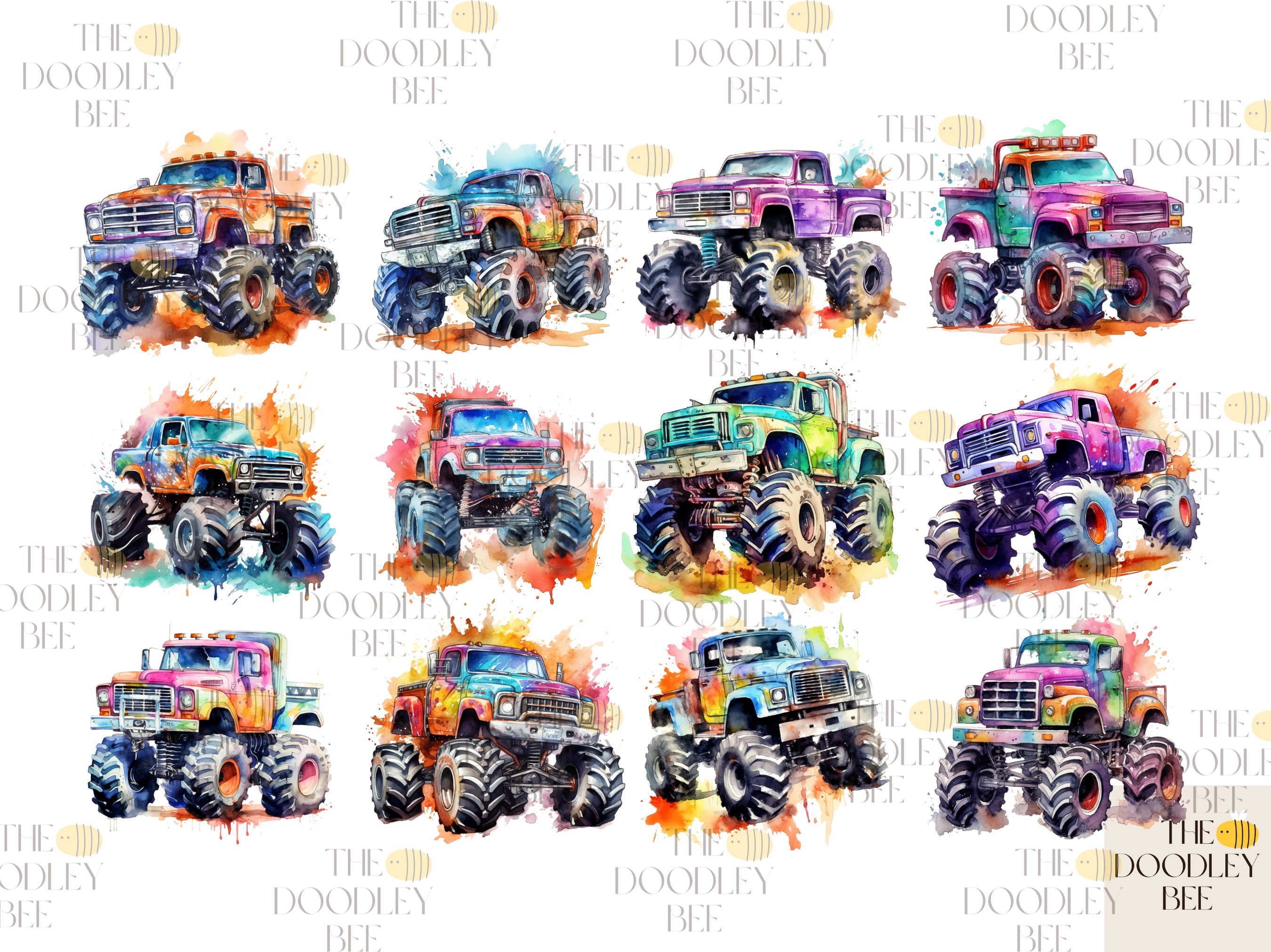 22 Monster Truck Watercolor Clipart Bundle for Commercial Use - Etsy