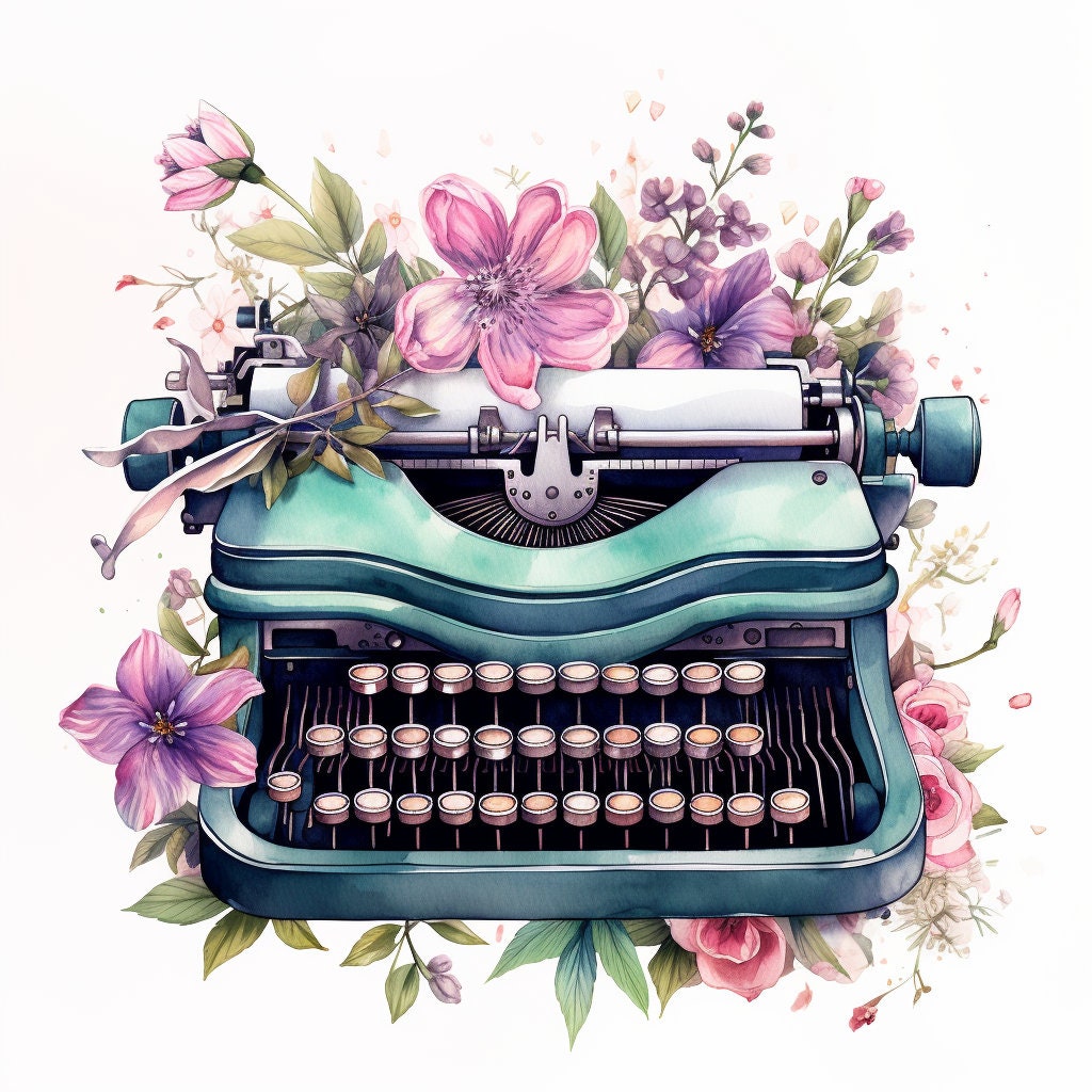 Floral Typewriter Clipart, 12 High Quality PNG, Watercolor, Instant ...