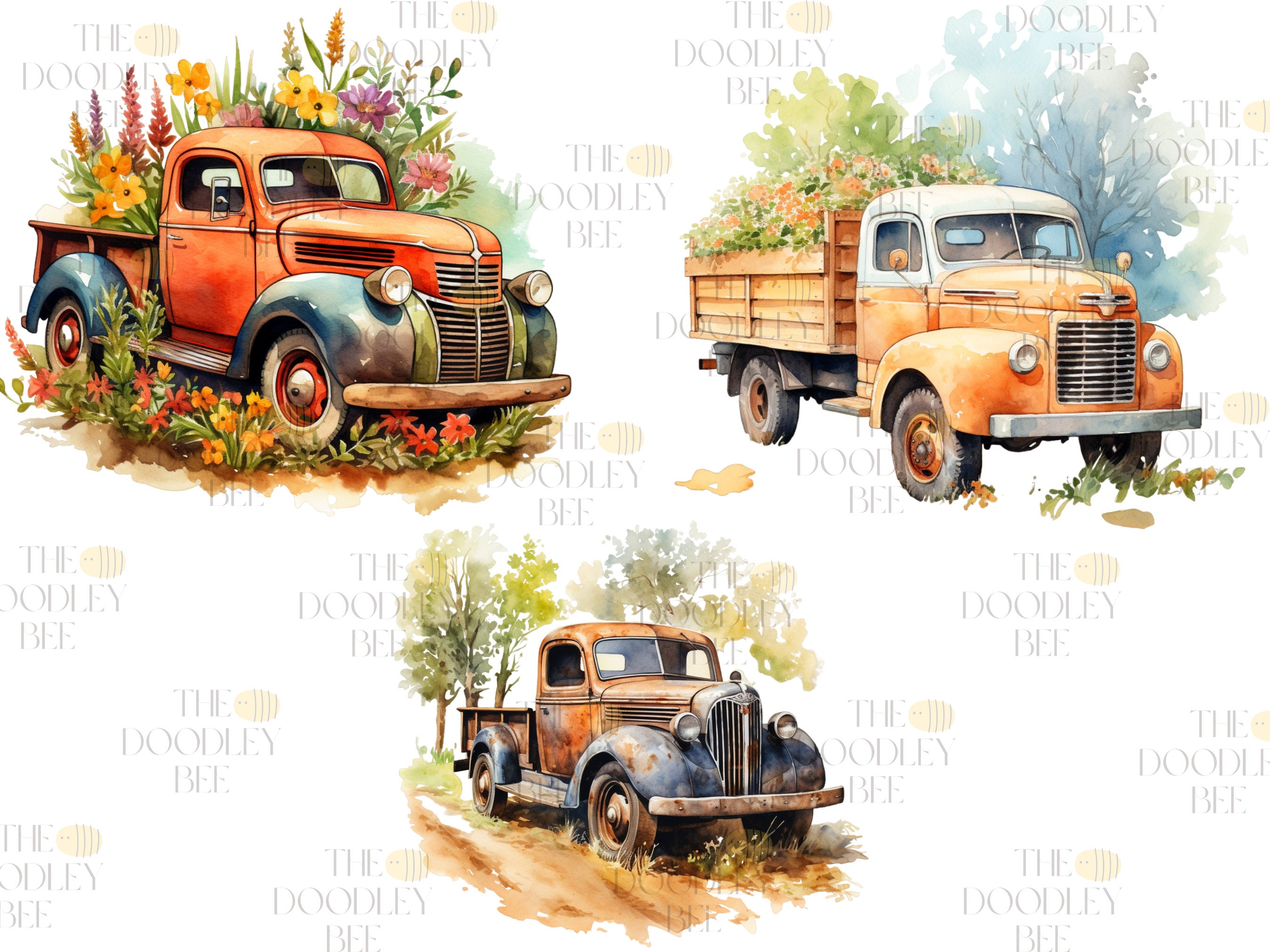 Watercolor Vintage Farm Truck 12 Clipart PNG Bundle, Commercial Use ...