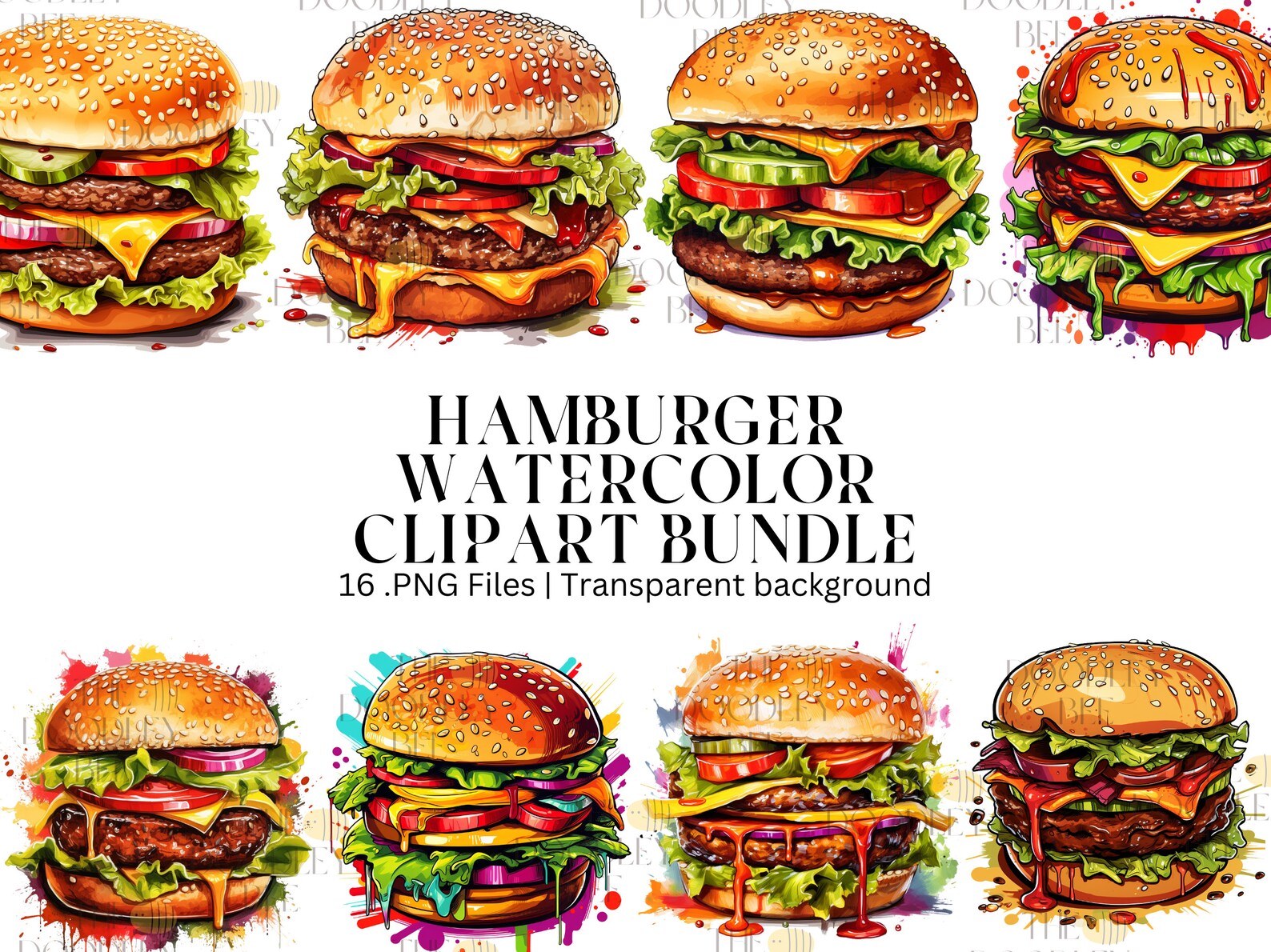 16 Hamburger Watercolor Clipart PNG Bundle, Commercial Use, Digital ...