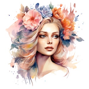 Watercolor Young Woman Clipart, 10 Flower Faces Clipart Bundle ...