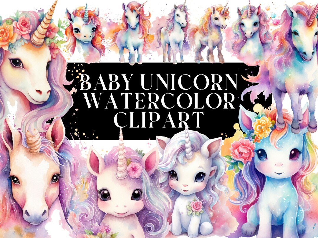 24 Baby Unicorn Watercolor Clipart Bundle for Commercial Use - Instant ...