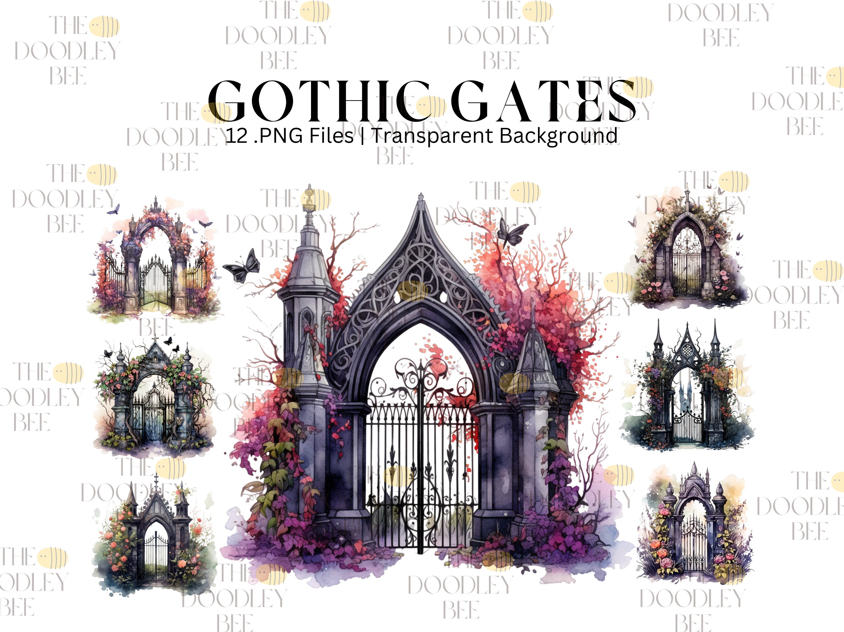 Watercolor Gothic Gates and Palace Scene Clipart ,12 Watercolor Garden ...