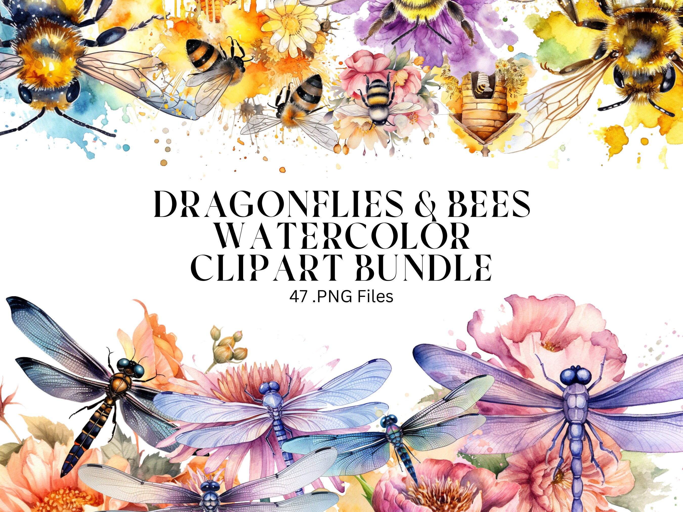 47 Dragonflies & Bees Watercolor Clipart PNG Bundle, Commercial Use ...