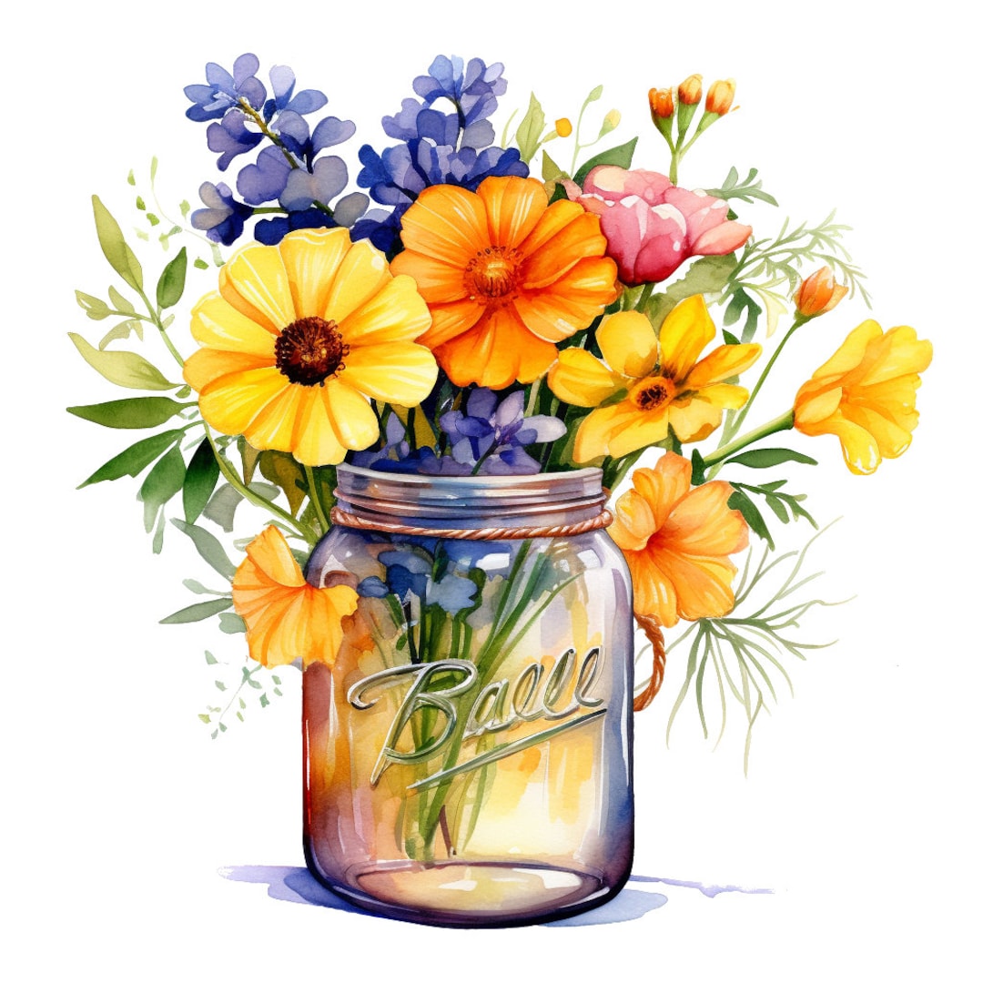 High Quality, Mason Jar Flowers Clipart PNG - Digital Download - Great ...