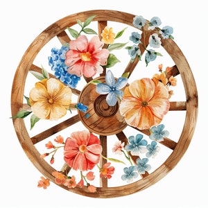 Watercolor Floral Wooden Wheels Clipart, 12 High Quality Pngs, Floral ...