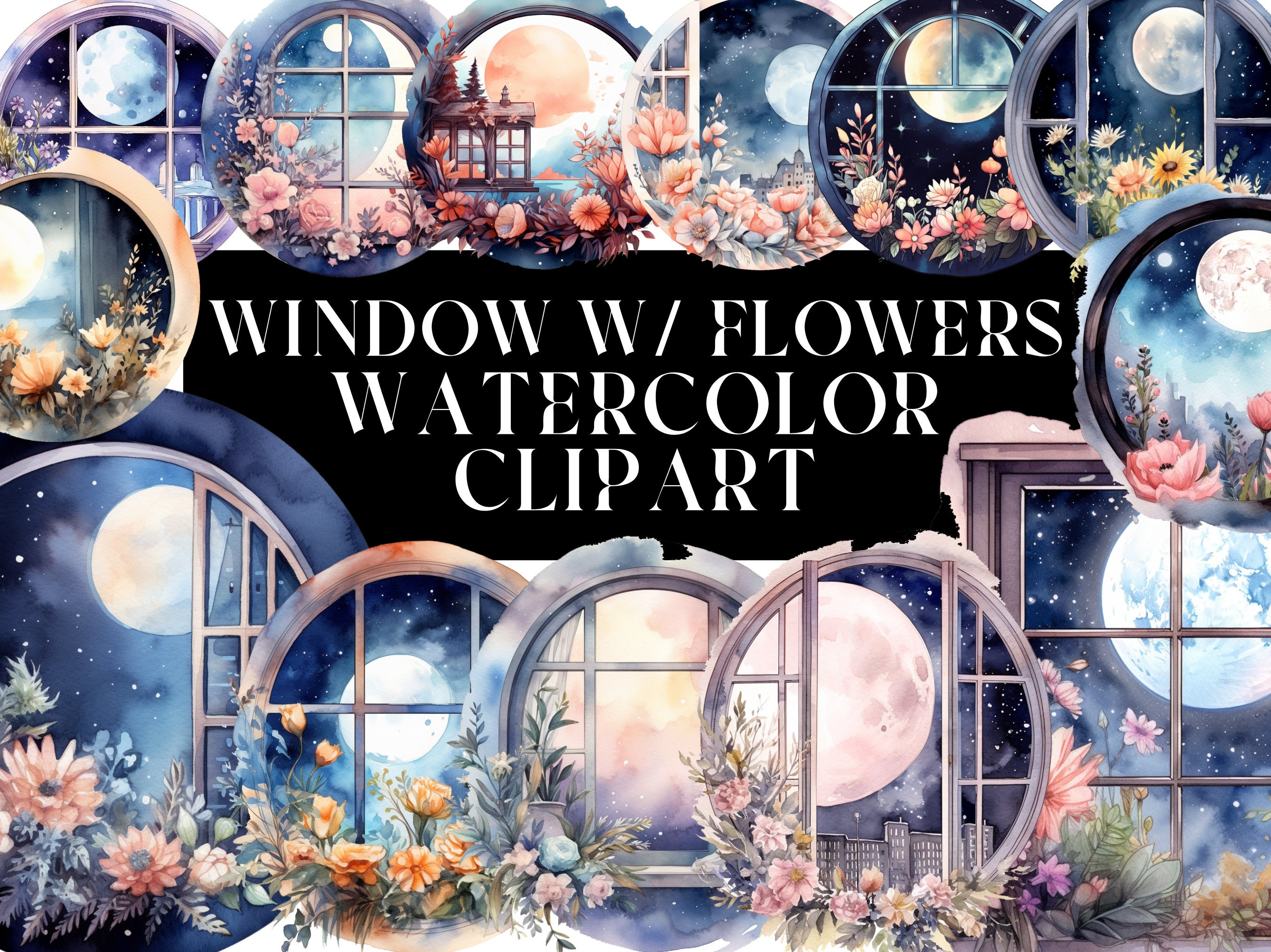 20 Watercolor Floral Window With Moon Clipart Bundle for Commercial Use ...