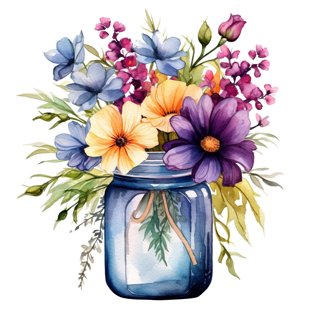 High Quality, Mason Jar Flowers Clipart PNG Digital Download Great for ...