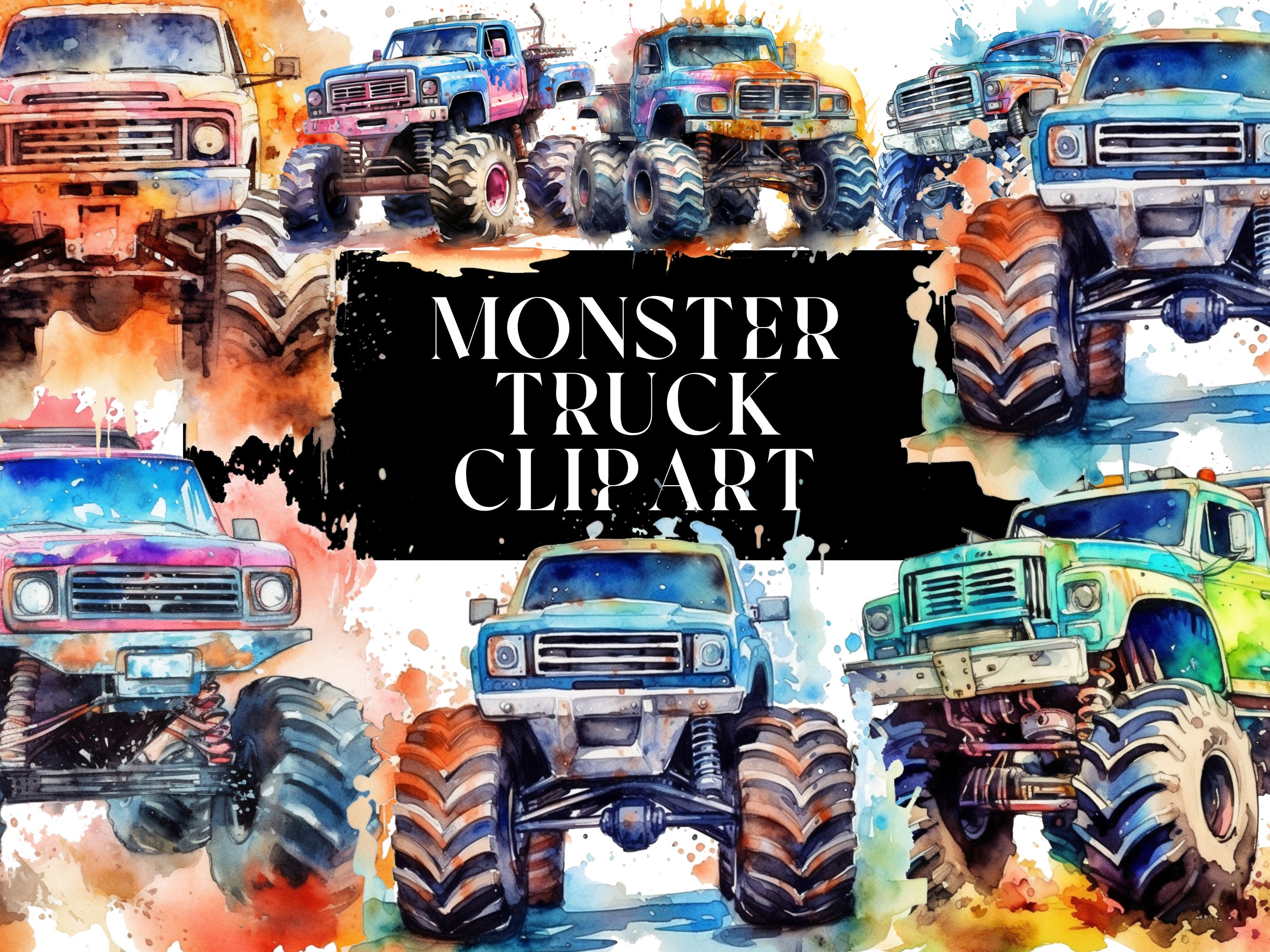 22 Monster Truck Watercolor Clipart Bundle for Commercial Use Instant ...