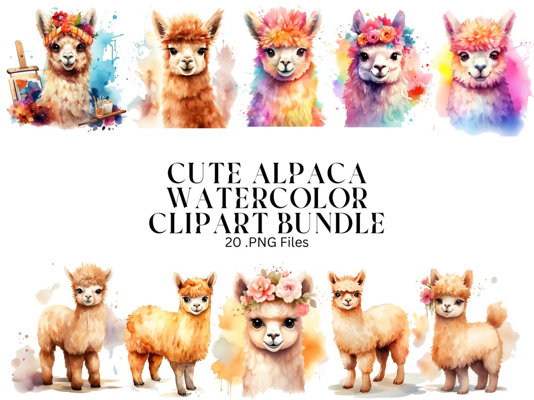 20 Cute Alpaca Watercolor PNG Clipart Bundle, Commercial Use, Digital ...