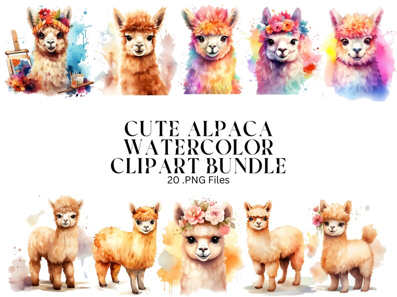 20 Cute Alpaca Watercolor PNG Clipart Bundle, Commercial Use, Digital ...