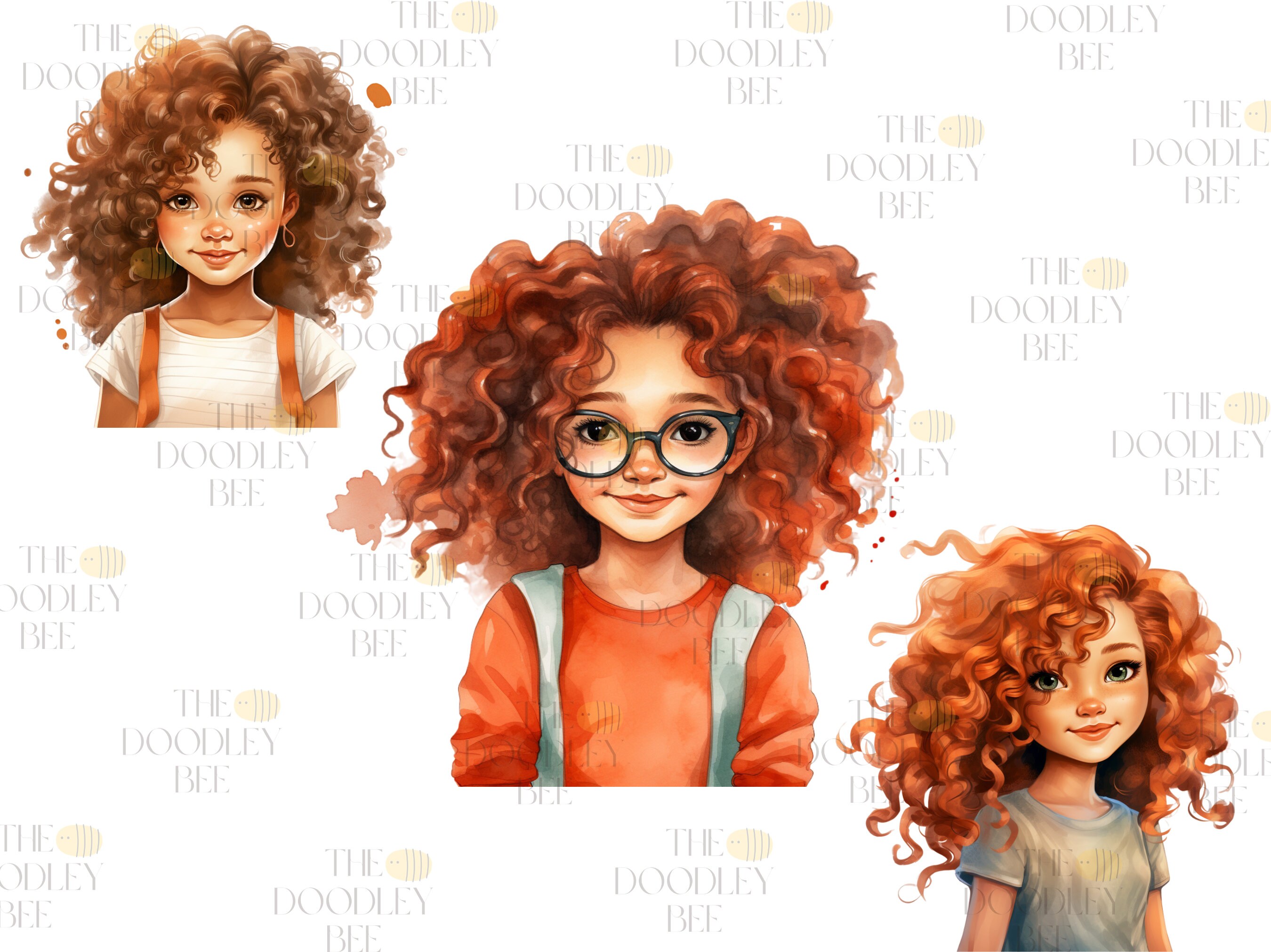 Curly Hair Girl Watercolor Clipart Bundle, Transparent PNG, Digital ...