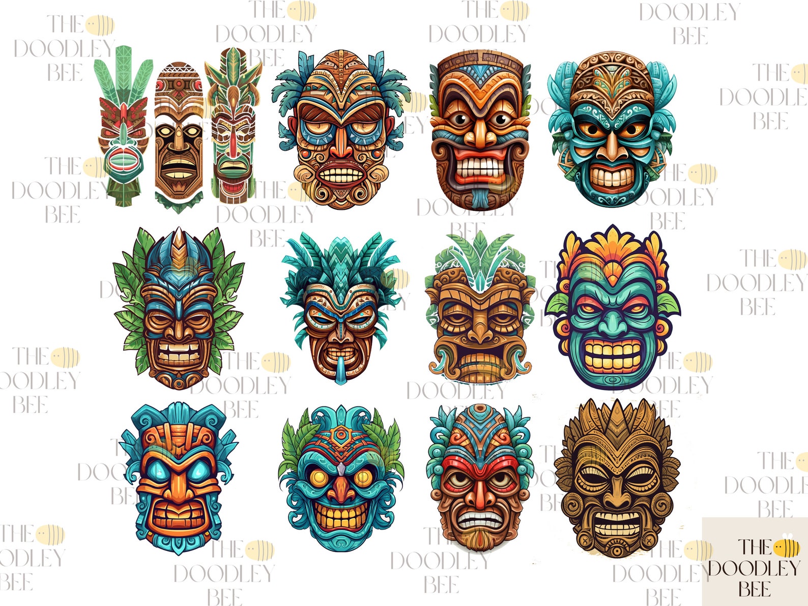 24 Traditional Tiki Mask Clipart Bundle for Commercial Use , Hawaiian ...