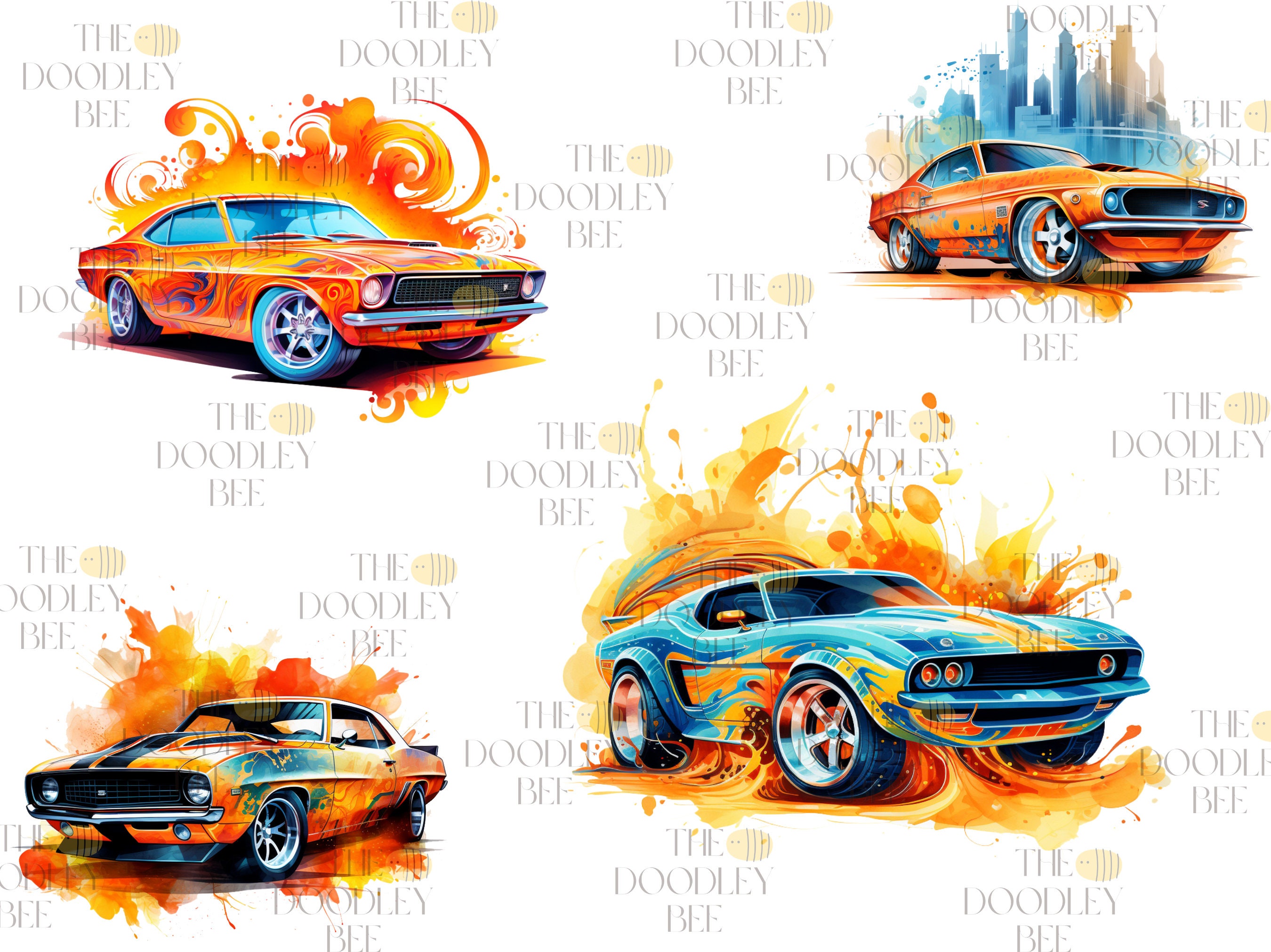 16 American Muscle Cars Watercolor Clipart PNG Bundle, Commercial Use ...