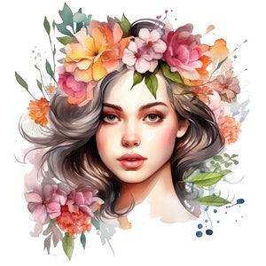 Watercolor Young Woman Clipart, 10 Flower Faces Clipart Bundle ...