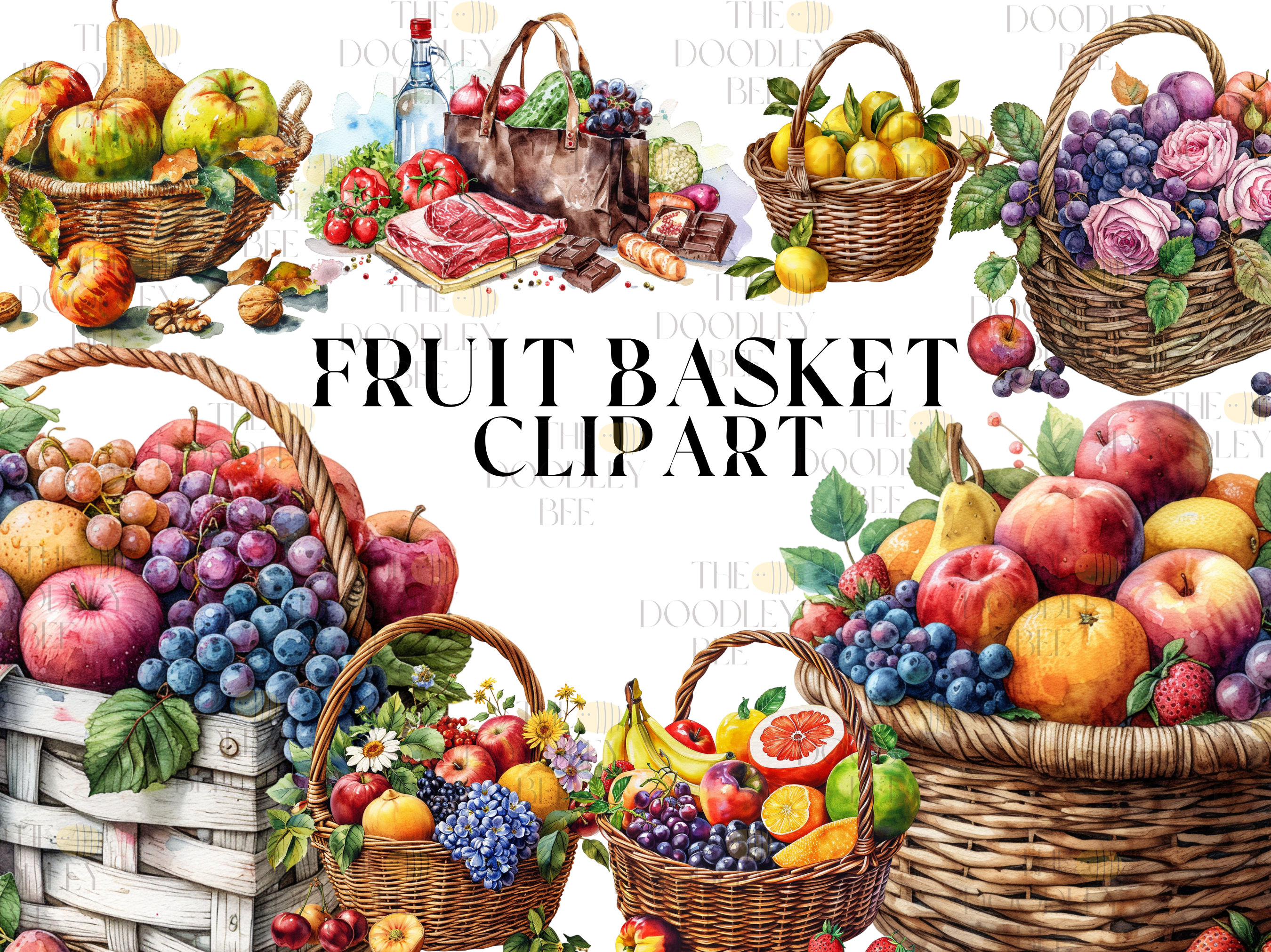 Fruit Basket Clipart, 13 High Quality Jpgs, Nursery Art Card Making ...