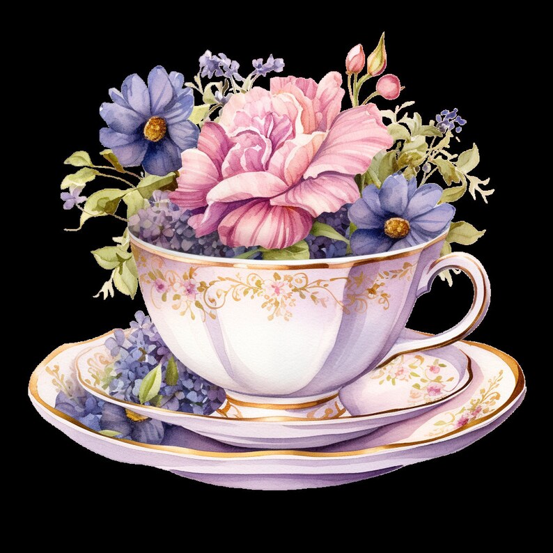 Watercolor Tea Cup Clipart, 10 Tea Party Clipart Bundle Cute Japanese ...