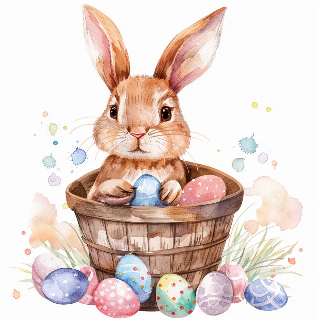 Digital Download Easter Bunny Watercolor Png, Easter Bunny in Basket ...