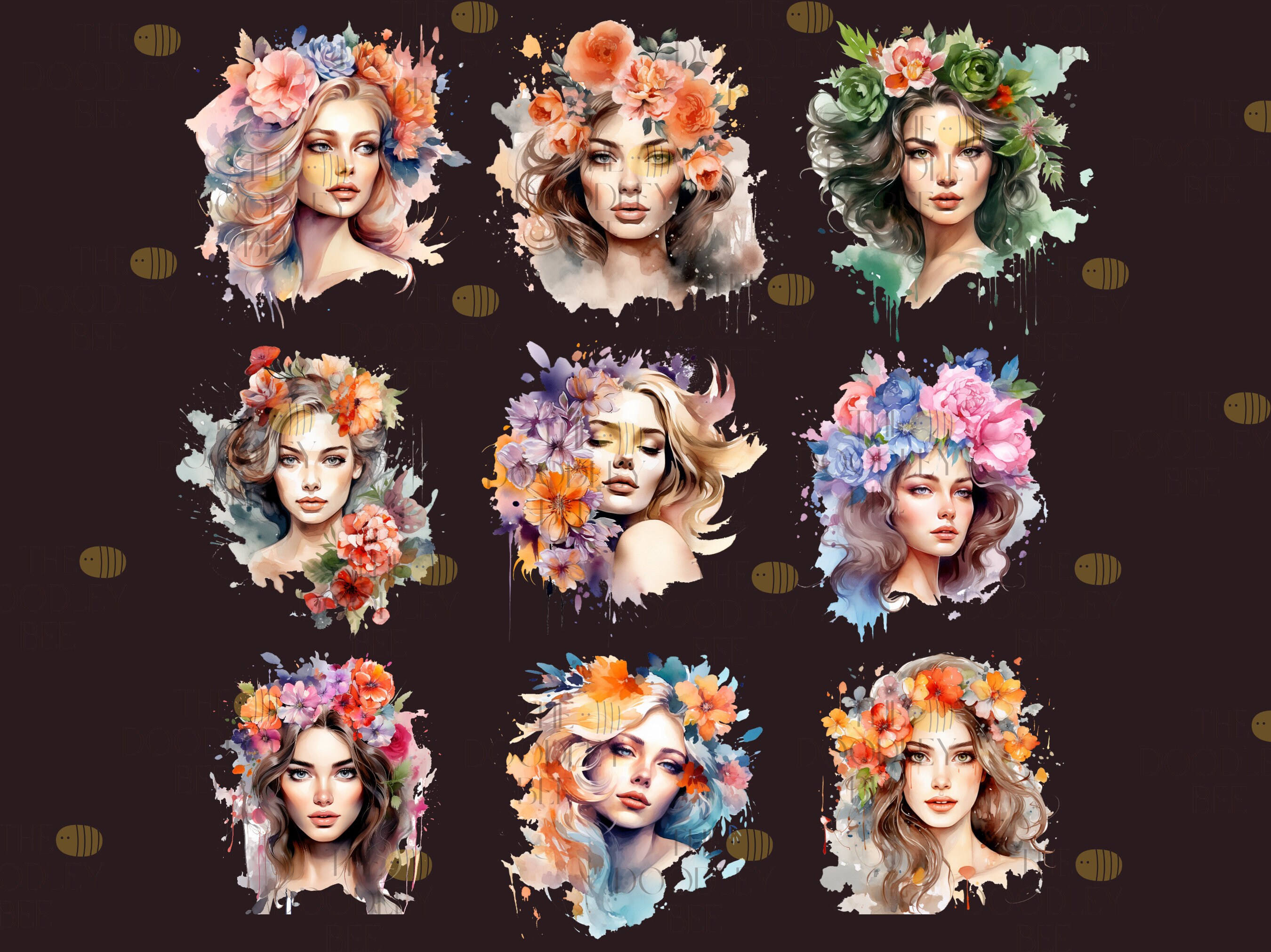 Watercolor Young Woman Clipart, Flower Faces Clipart Bundle, Beautiful ...