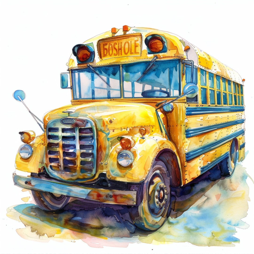 Watercolor Vintage School Bus Clipart, 12 High Quality Pngs | Retro ...