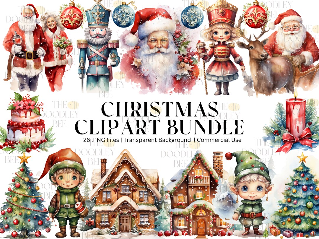 Watercolor Christmas Clipart PNG Bundle, Santa Clause, Rain Deer ...