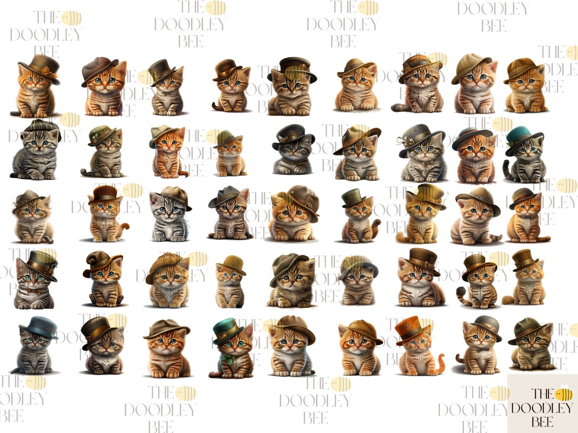 Cute Kawaii Cat Clipart Bundle 50 PNG Designs for Animal Stickers Black ...