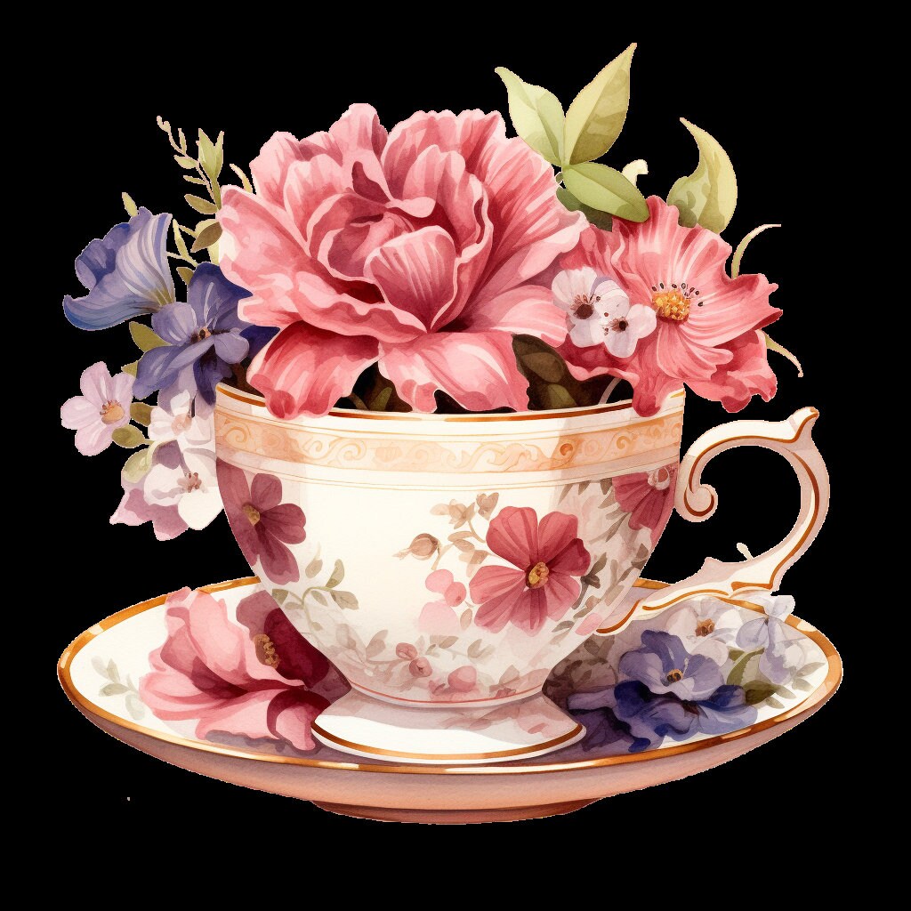 Watercolor Tea Cup Clipart, 10 Tea Party Clipart Bundle Cute Japanese ...