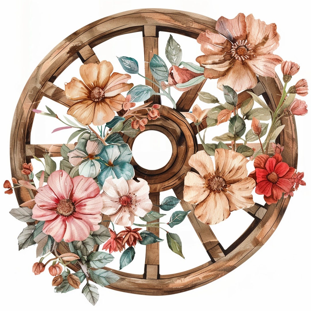 Watercolor Floral Wooden Wheels Clipart, 12 High Quality Pngs, Floral ...