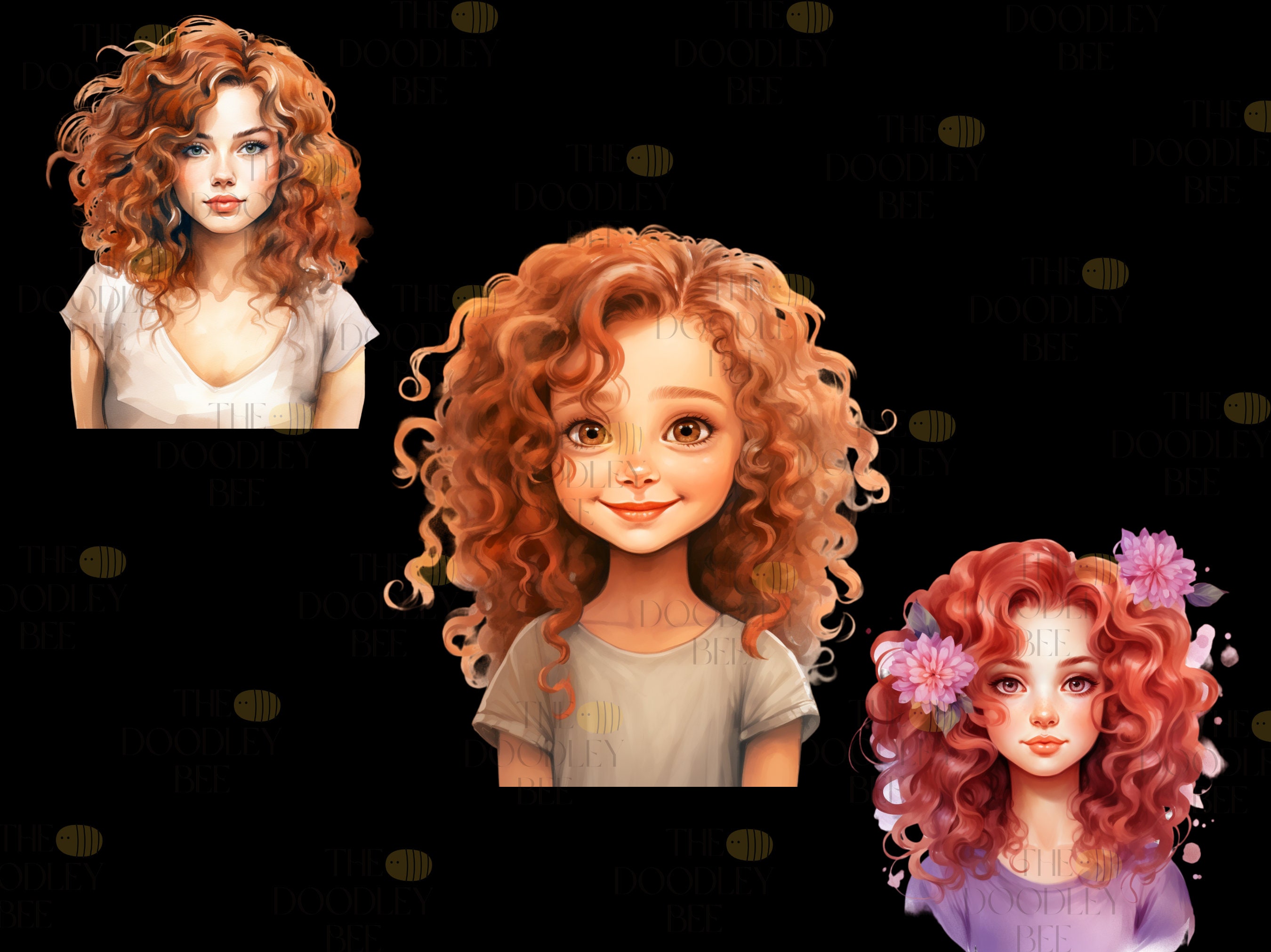 Curly Hair Girl Watercolor Clipart Bundle, Transparent PNG, Digital ...