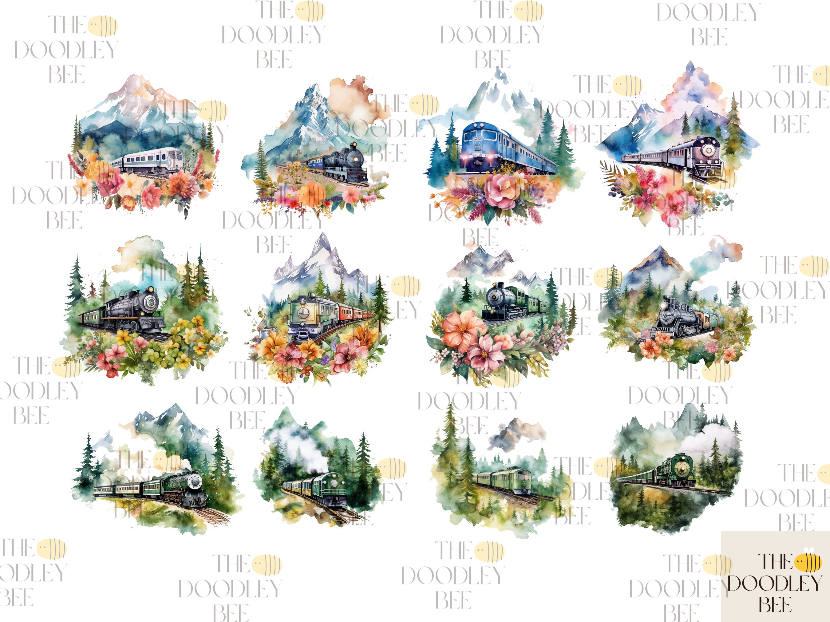 20 Watercolor Trains Traveling Through Mountains and Flowers Clipart ...
