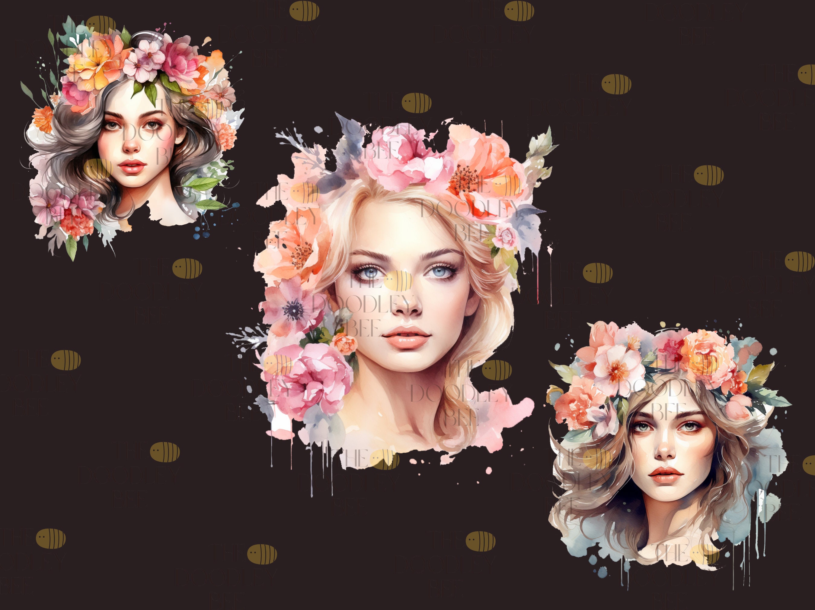 Watercolor Young Woman Clipart, Flower Faces Clipart Bundle, Beautiful ...