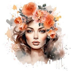 Watercolor Young Woman Clipart, 10 Flower Faces Clipart Bundle ...
