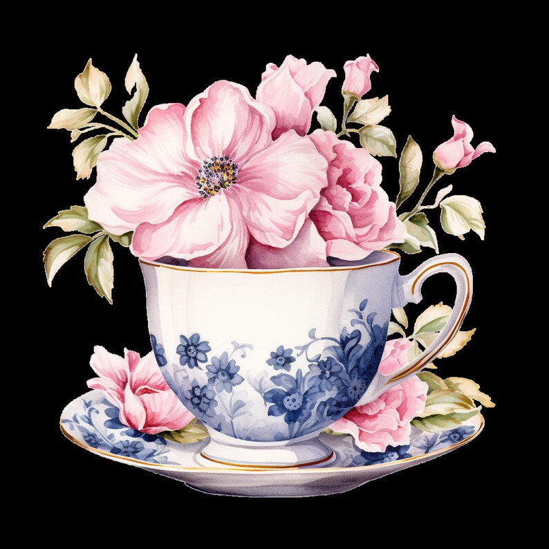 Watercolor Tea Cup Clipart, 10 Tea Party Clipart Bundle Cute Japanese ...