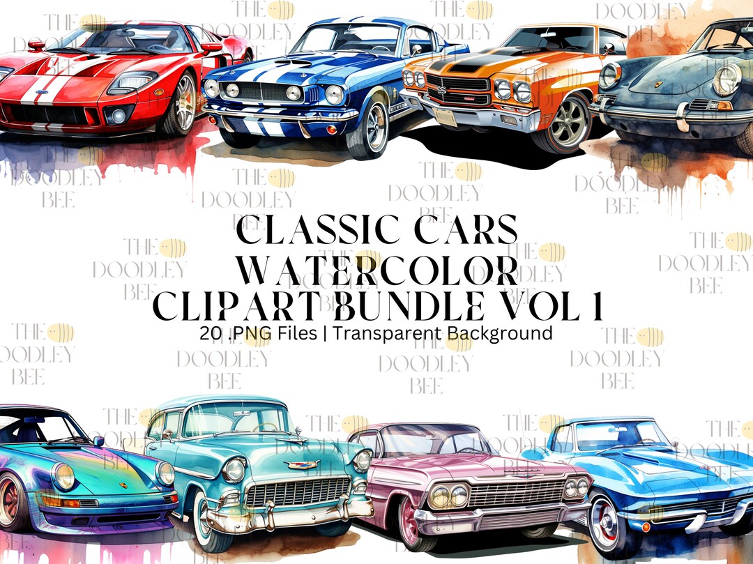 Classic Car Watercolor Clipart Bundle, Commercial Use, Digital Download ...