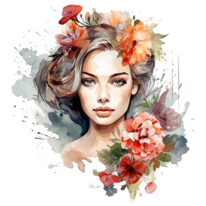 Watercolor Young Woman Clipart, 10 Flower Faces Clipart Bundle ...